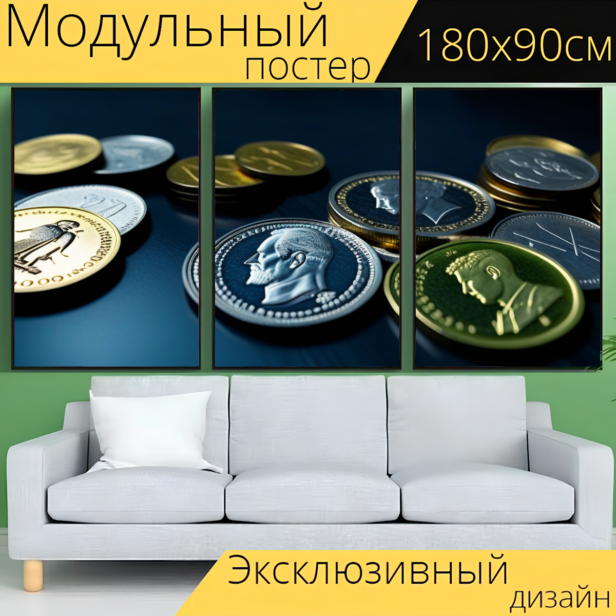 Модульный постер "Банкноты и монеты, обмен эмоциями" 180 x 90 см. для интерьера на стену в тубусе