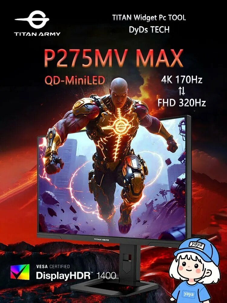 Titan Army 27" Монитор P275MV MAX, 4K 170Hz/FHD 340Hz, QD-MiniLED, Type-C 90W, (Подключите PS5 или XBOX X для поддержки 4K 120 Гц HDR VRR ALLM), DyDs TECH/PC Tool, HDR1400, Игровые монитор, черно-серый