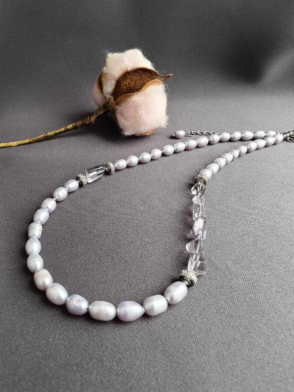 Колье, жемчуг культивированный, аметист