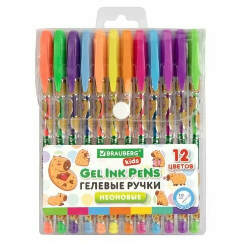 6 шт. Ручки гелевые неоновые BRAUBERG KIDS "CUTE ANIMALS", набор 12 цветов, корпус с печатью, узел 1 мм, линия письма 0,7 мм, 144444