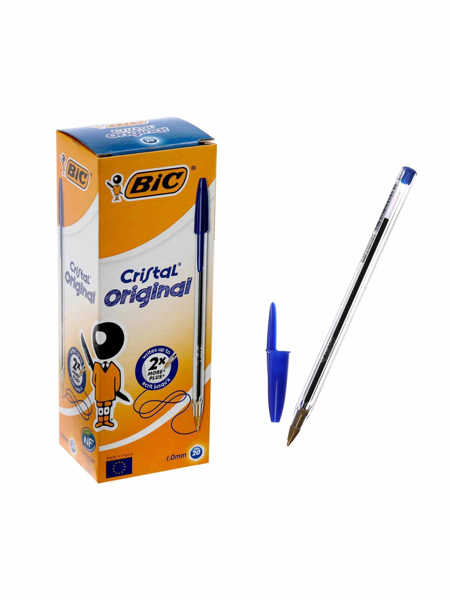 Ручка шариковая, чернила синие, 1.0 мм, среднее письмо, прозрачный корпус, Cristal Original, 60 шт.