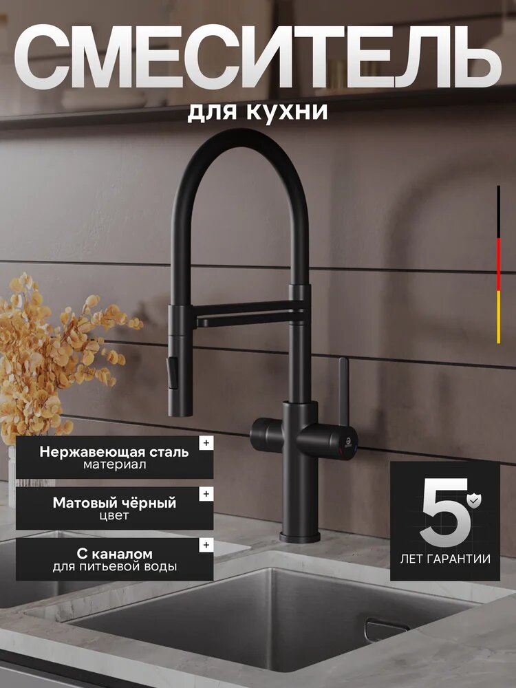Смеситель для кухни Agger Elegant A3252544 с гибким изливом, с краном для питьевой воды, с поворотным изливом, черный, матовый, однорычажный, нержавеющая сталь, с керамическим картриджем