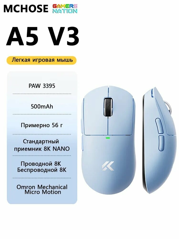 MCHOSE Игровая мышь беспроводная A5 V3, синий