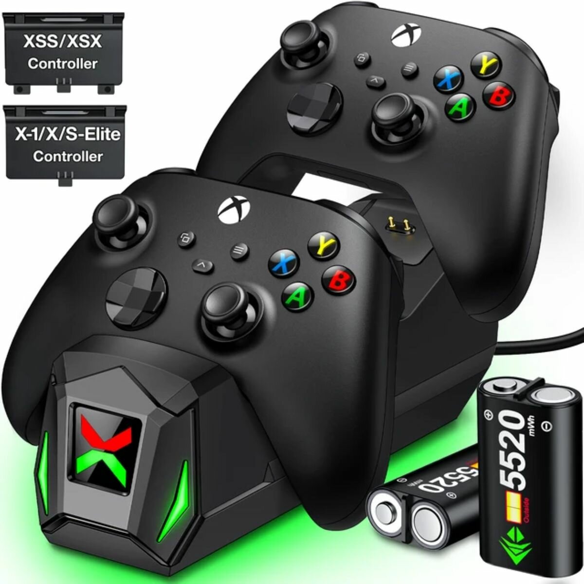 Зарядная станция для 2-х геймпадов Xbox Series / One S X + 2 аккумулятора 5520mWh и 4 крышки для джойстиков