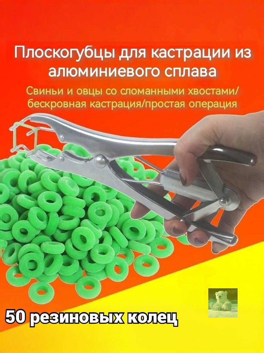Щипцы натяжные для кастрации + 50 колец-резинок (эластратор инструмент ножницы кастрационные клещи прибор приспособление аппарат для баранов, козлов, козлят, ягнят, овец)