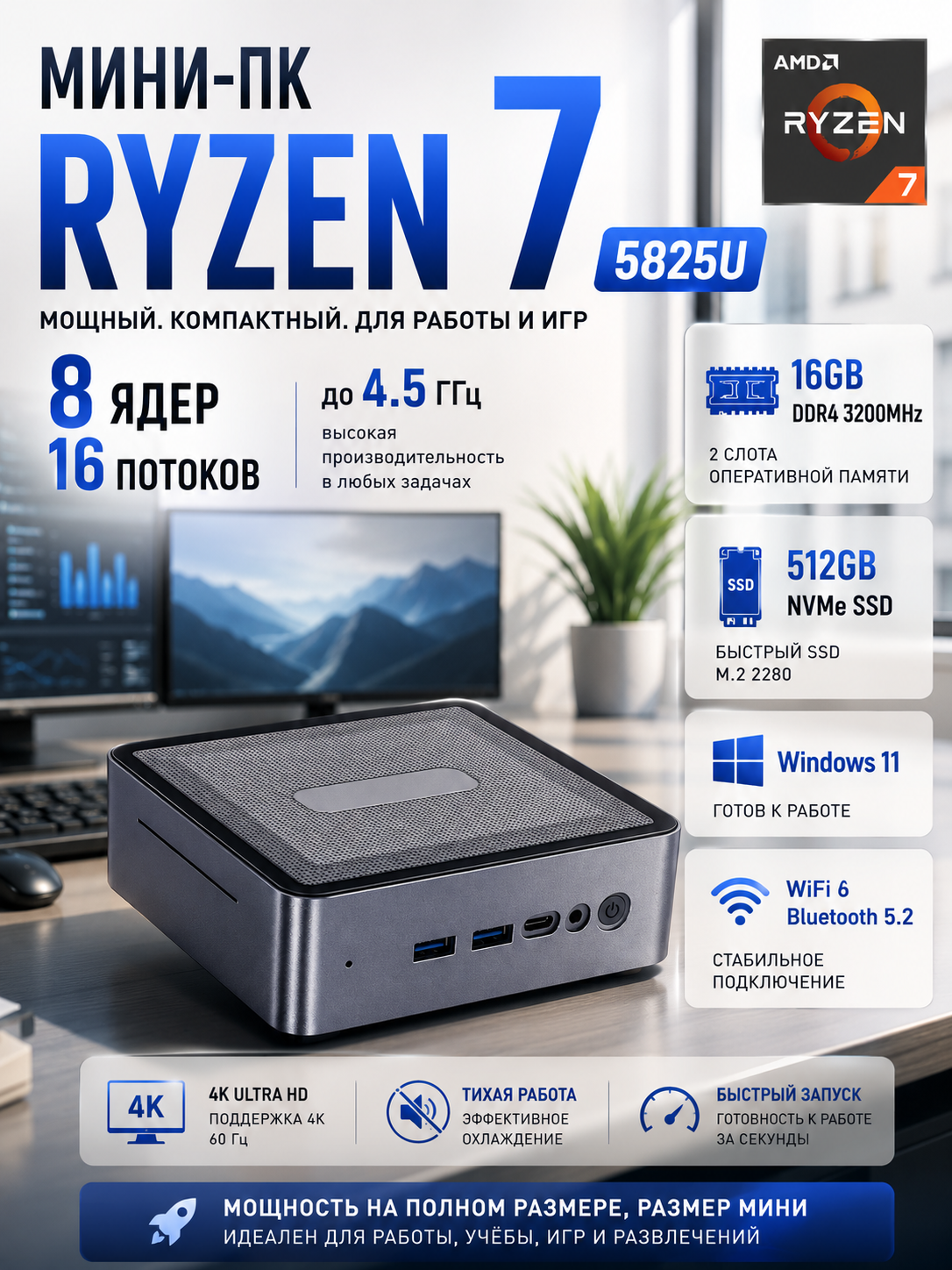 Мини-ПК MiniHyper AMD Ryzen 7 5825U, 16GB RAM, SSD 512GB + HDD 512GB, AMD Radeon, Windows 11 для работы, игр, стриминга