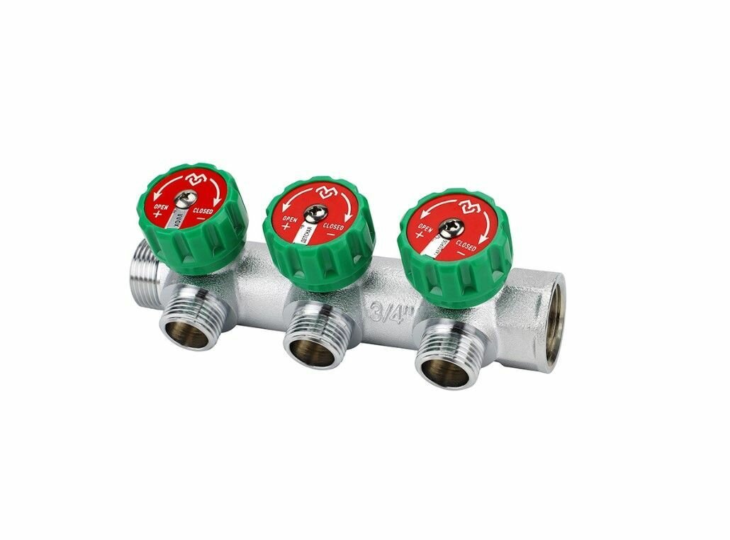VARMEGA Коллектор с регулировочными клапанами, хромированный 3/4" х 3/4"ЕК - 3 выхода / контура / отвода, VM14613