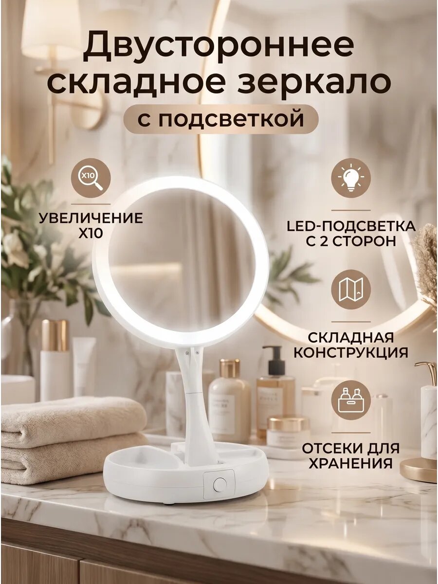 Зеркало двухстороннее складной с подсветкой и отсеками