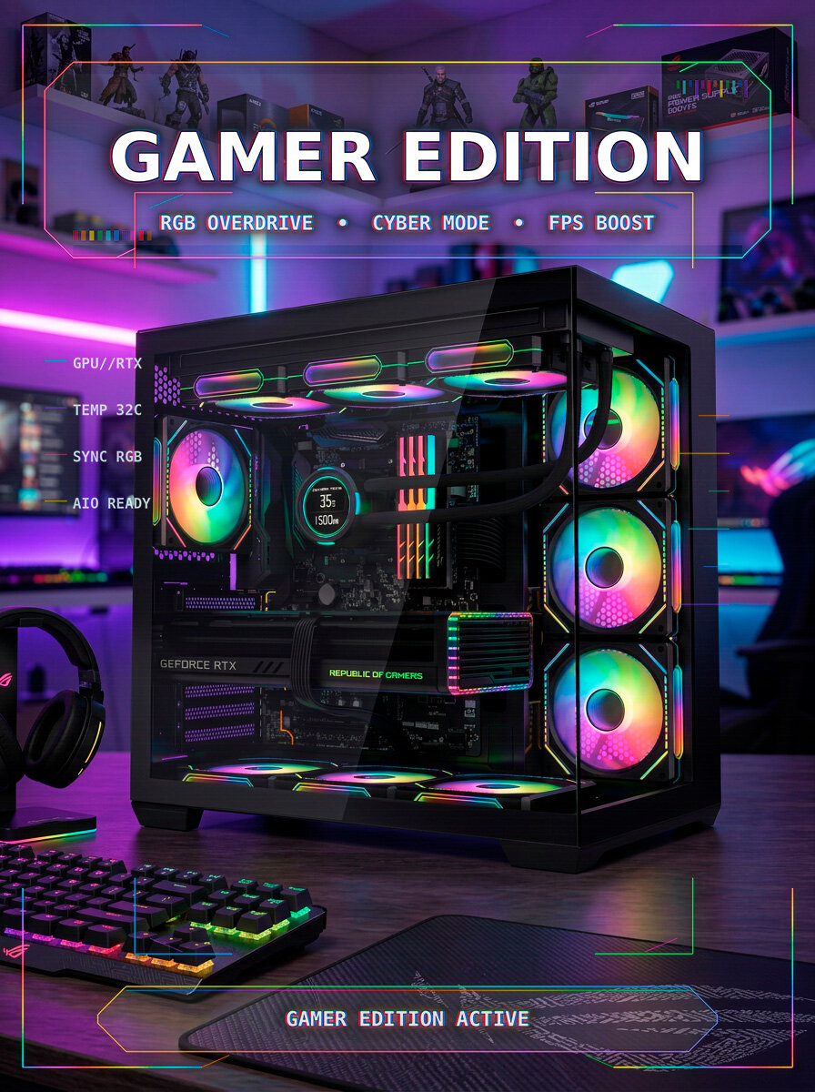 Игровой корпус для ПК eATX Eurocase M430ZZ, с вентиляторами 4x120 ARGB PWM, аквариум, 420мм видеокарта, фильтры, чёрный
