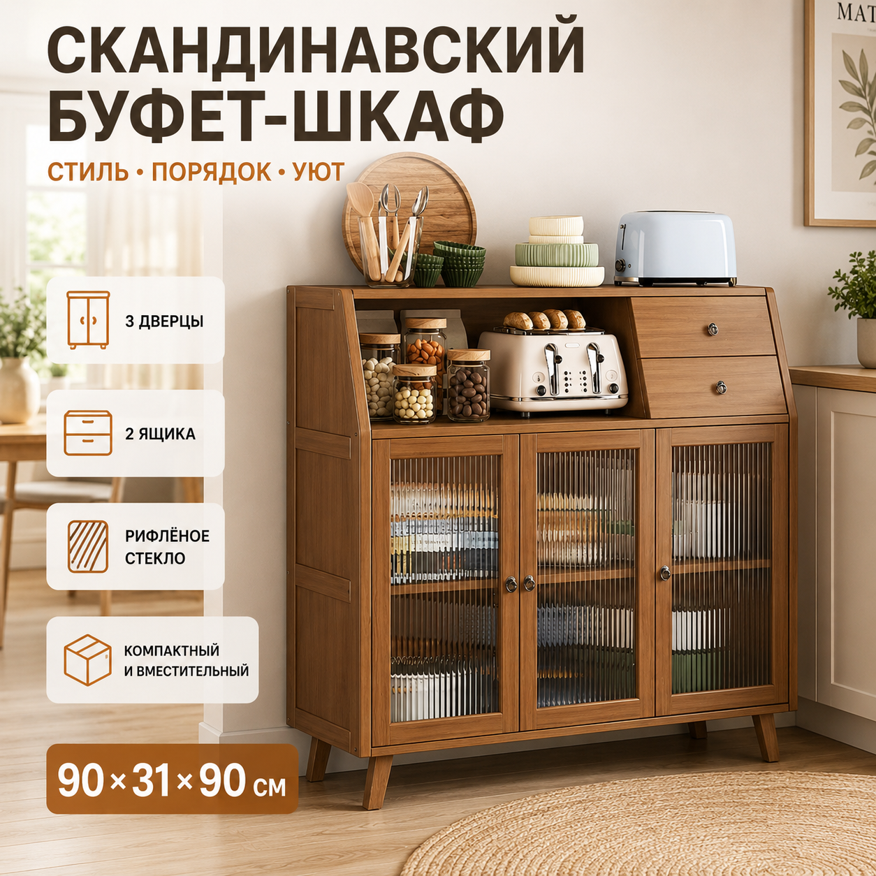 Североевропейский обеденный сервант с решетчатыми дверцами, два ящика, открытая верхняя полка 90х31x90 см