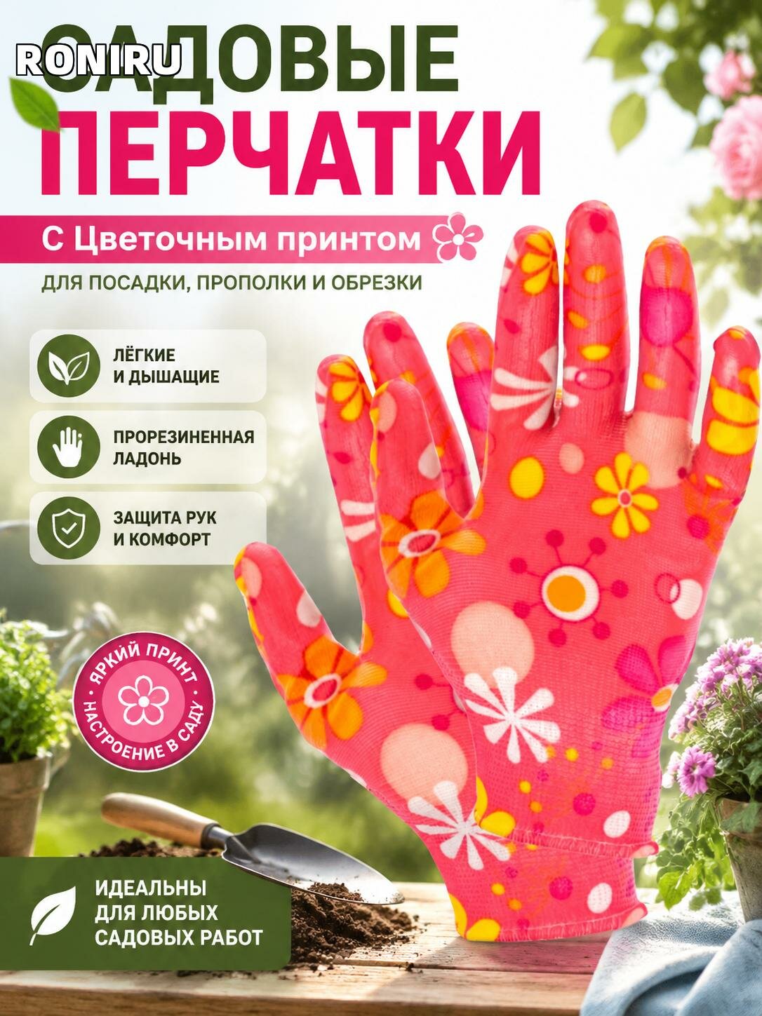 Садовые перчатки с цветочным принтом для посадки, прополки и обрезки — лёгкие дышащие, прорезиненная ладонь в саду