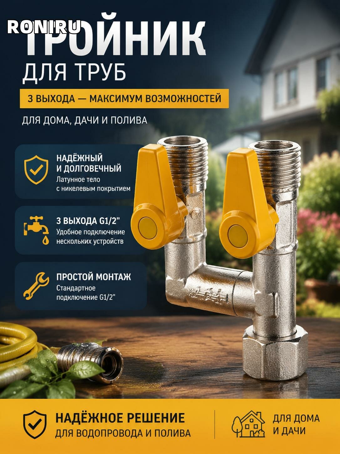 Тройник для труб — фитинг для водопровода с 3 выходами для дома и дачи, удобный переходник для полива и бытовых подключений