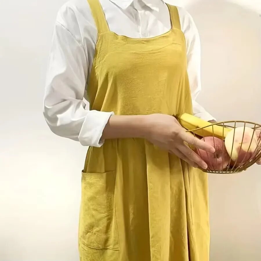 Фартук светло-желтый Ретро из хлопка и льна, style A4