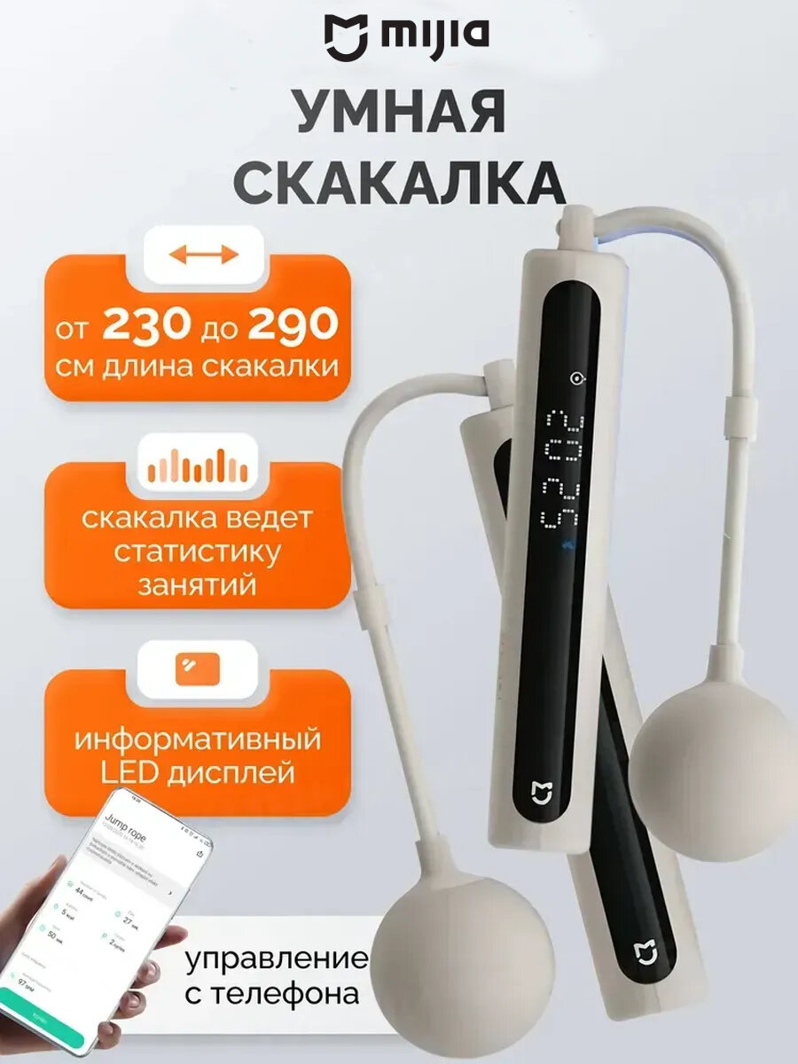 Умная скакалка Mijia 2 Bluetooth, 2 режима (с тросом/без), точный счетчик прыжков, LED дисплей, до 20 дней работы