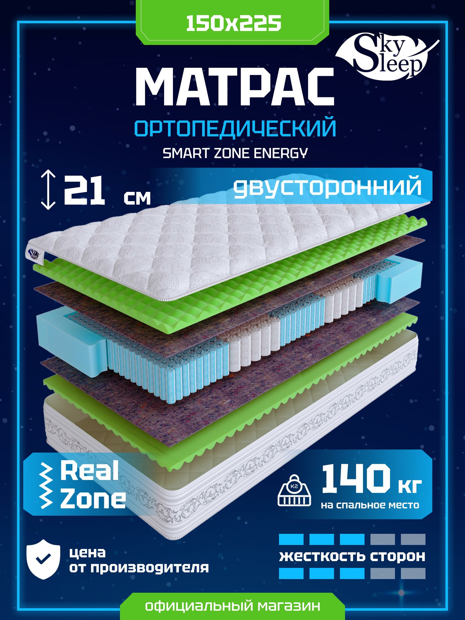 Матрас SkySleep SMART ZONE Energy на кровать 150x225 см двуспальный независимые пружины пенополиуретан