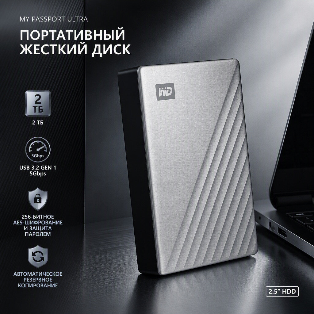 Внешний жесткий диск Western Digital WD My Passport Ultra 2ТБ 2,5" USB 3.0, Серебро