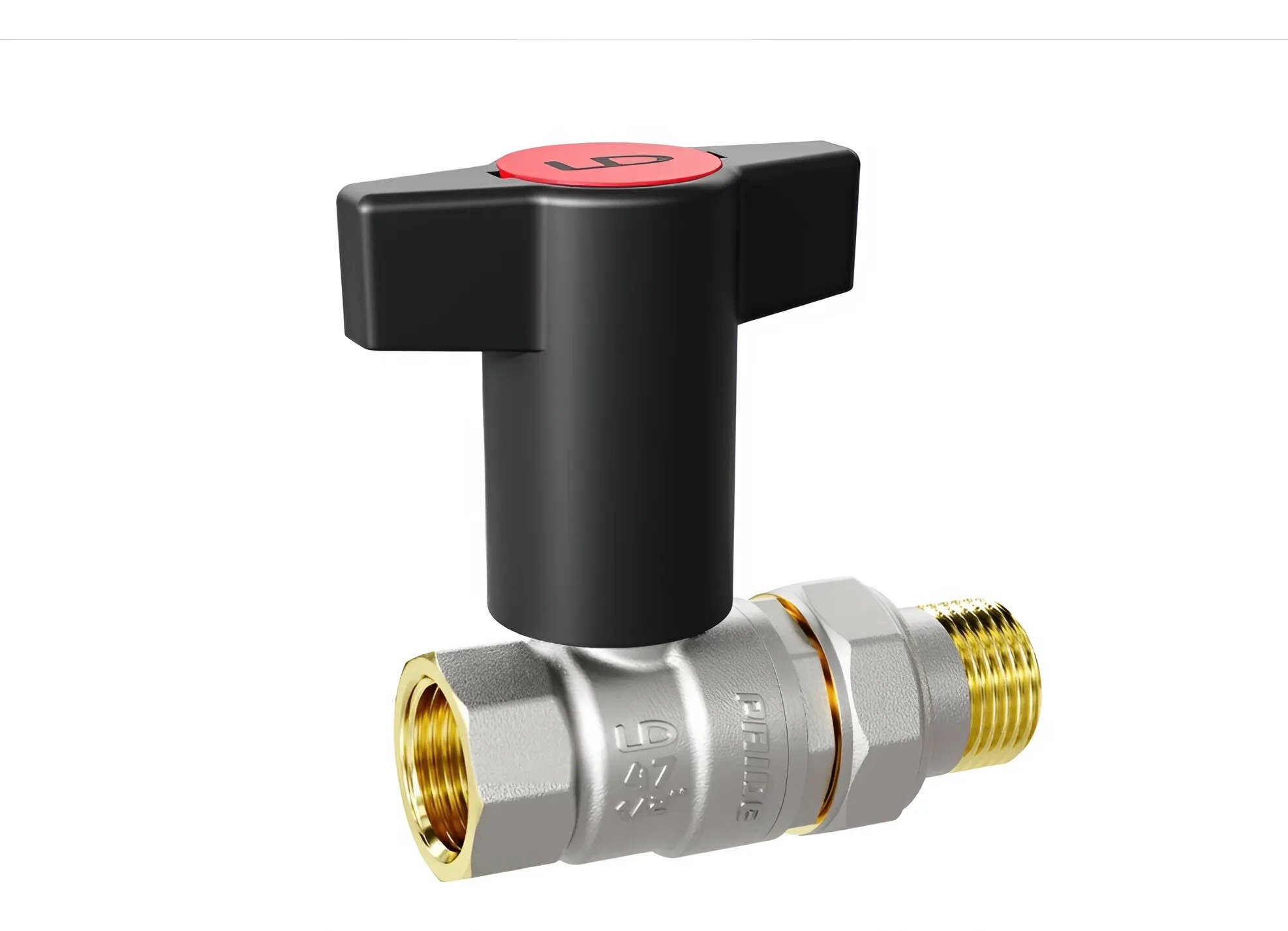 Кран шаровой латунь никель Pride Ду 20 Ру40 ВР/"американка" с Т-рукояткой красной с биркой LD 47.396.20 R