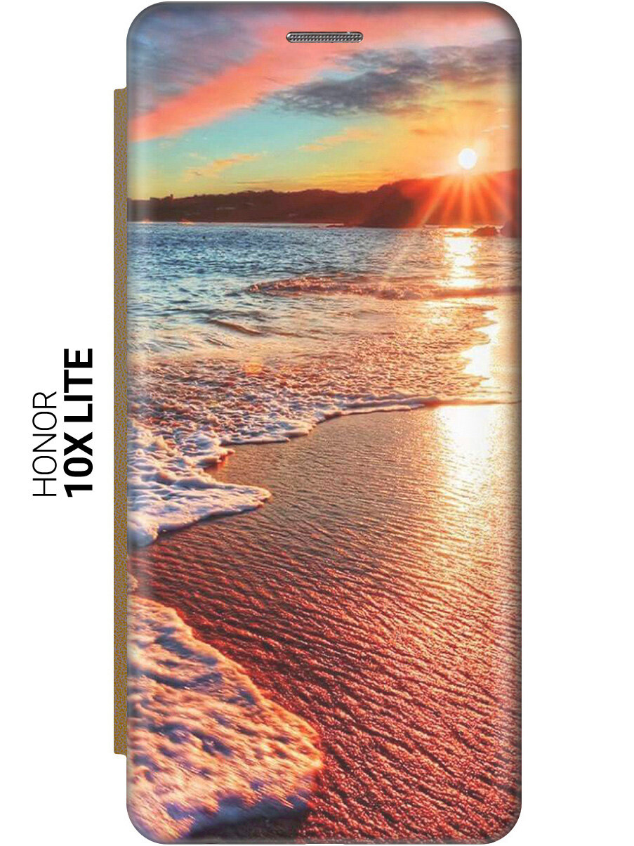 Чехол-книжка на Honor 10x Lite, Хонор 10Х Лайт с 3D принтом "Залитый светом пляж" золотой
