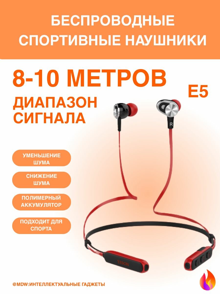 Спортивные беспроводные Bluetooth-наушники E5 с микрофоном. Они поддерживают системы Android и iOS, обладают свойствами противостояния поту и имеют красный цвет.
