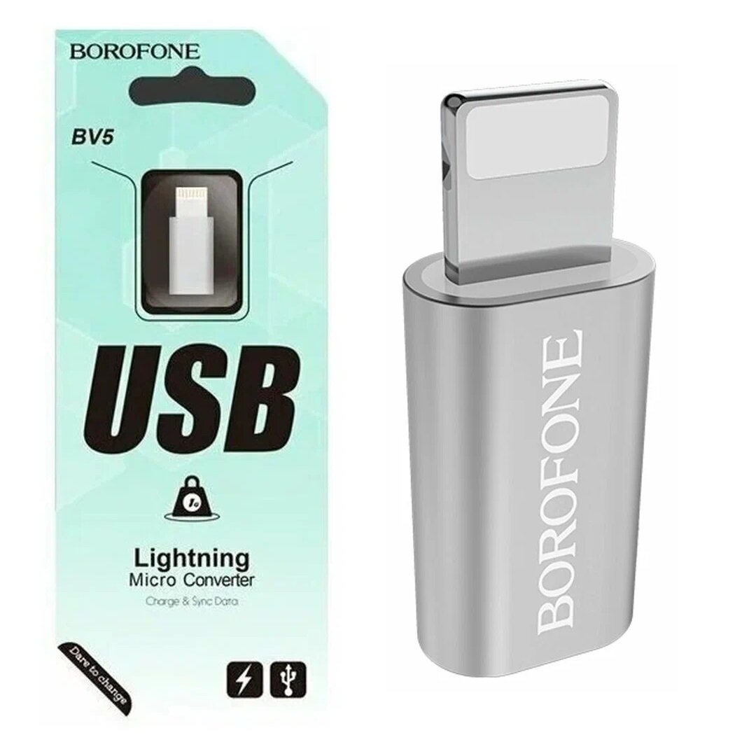 Переходник адаптер Micro USB to Lightning, Micro для Айфона, BOROFONE BV5, металлический, серебристый