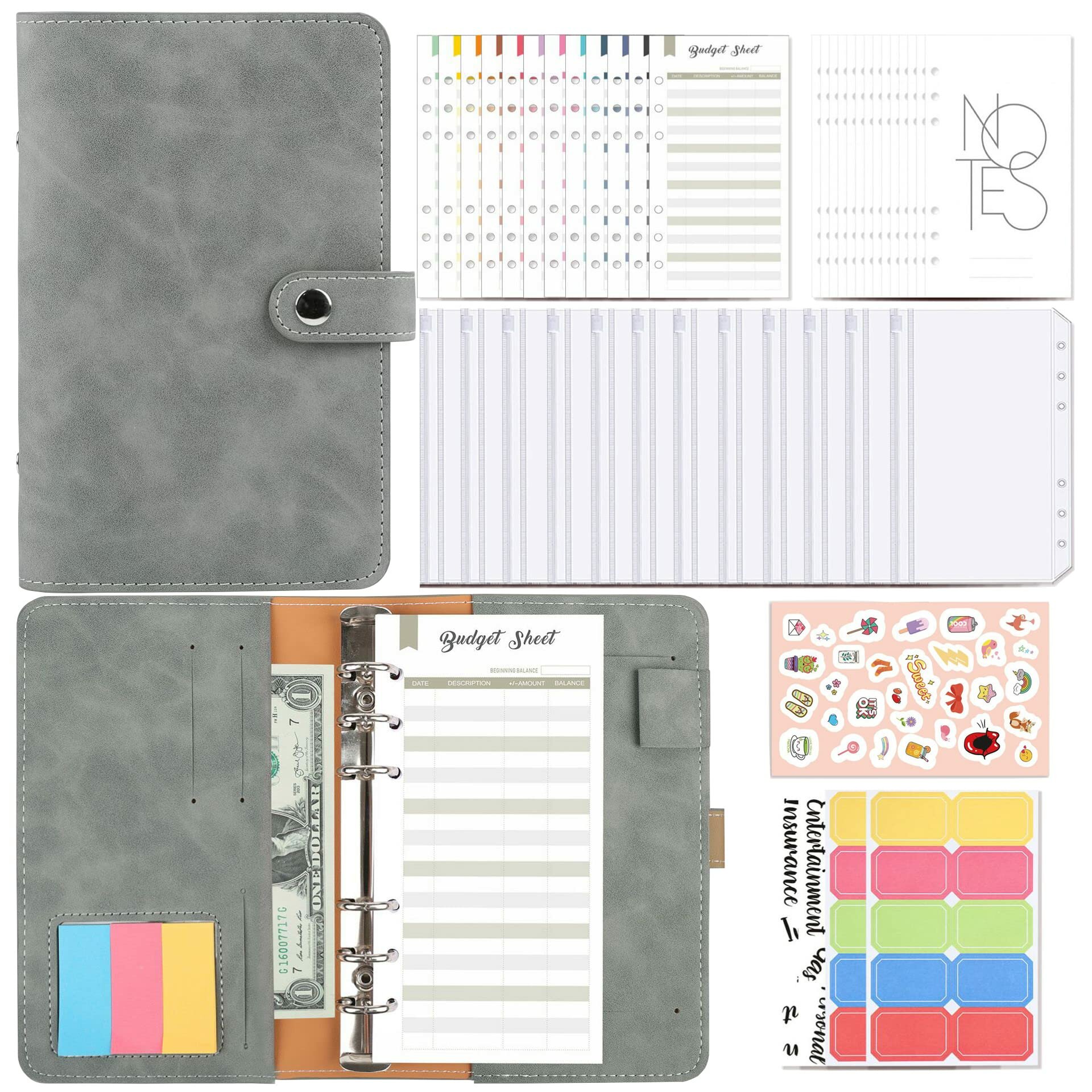 Папка на кольцах A6, планировщик бюджета - блокнот с 6 отверстиями и карманами для папки, конверты для денег, листы бюджета, наклейки для ярлыков, кольцевая папка.