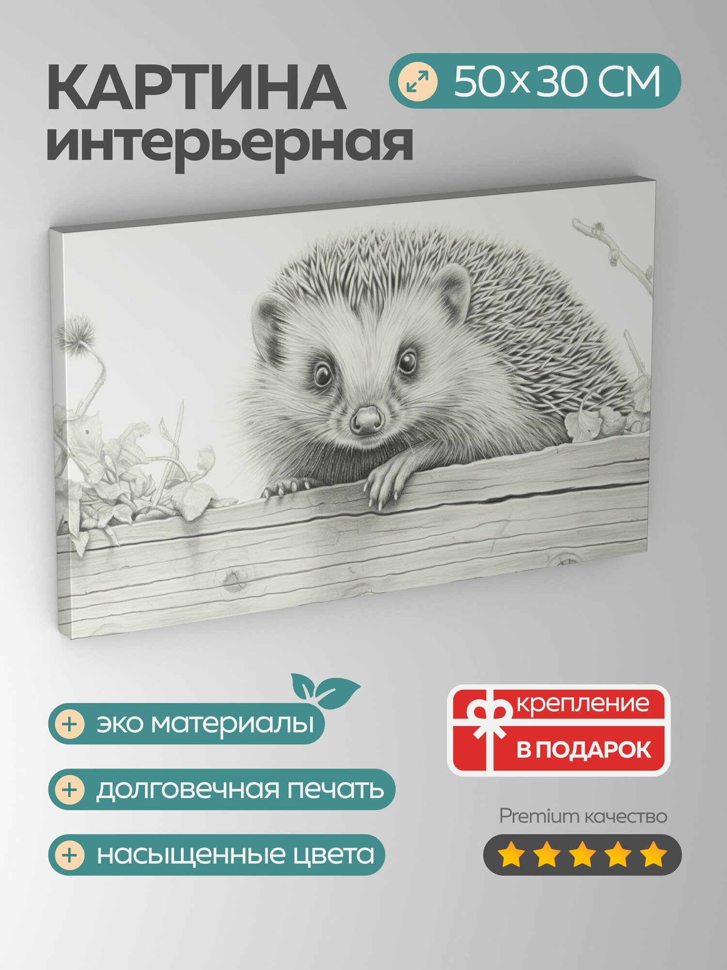 Картина на холсте интерьерная 50х30 см, графитовый рисунок, ежик, деревенский забор, иглы ежа, монохромная палитра