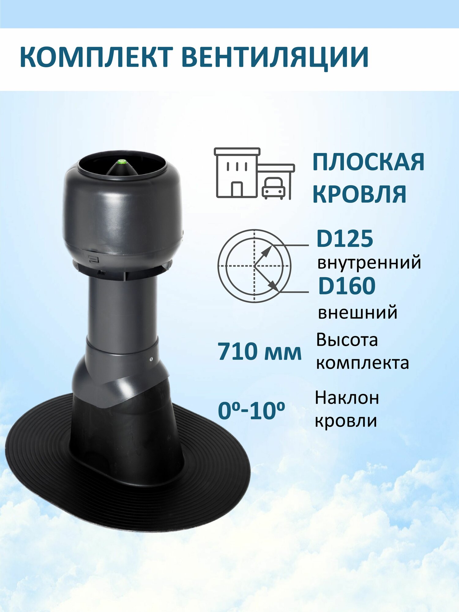 Комплект вентиляции: Колпак D160, вент. выход утепленный высотой Н-500, для плоской кровли, RAL7024