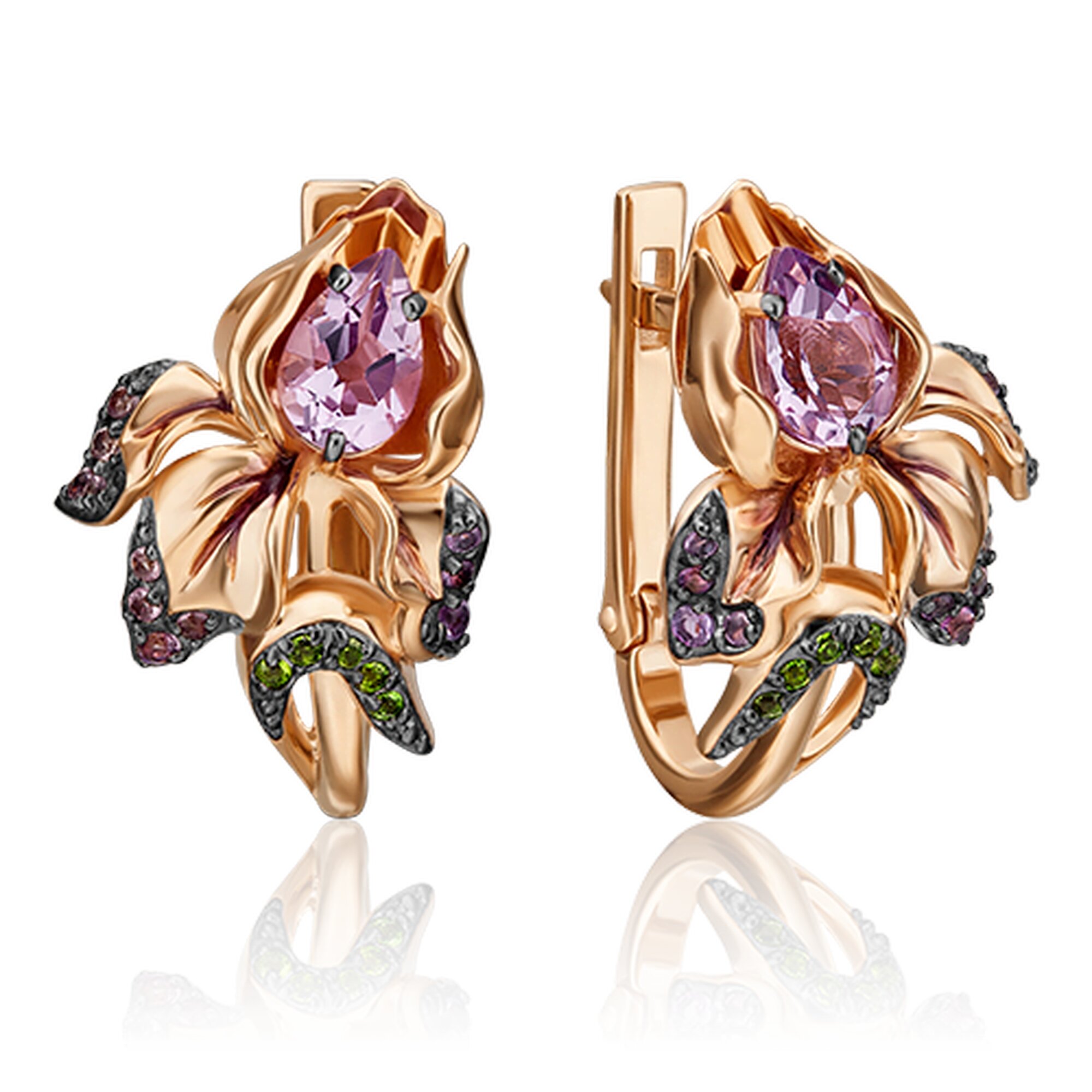 Серьги, красное золото, 585 проба, эмаль, хромдиопсид, аметист