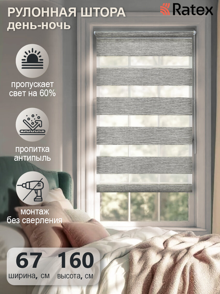 Рулонная штора с эффектом "день-ночь" Шарлотта 67х160 см, цвет светло-серый