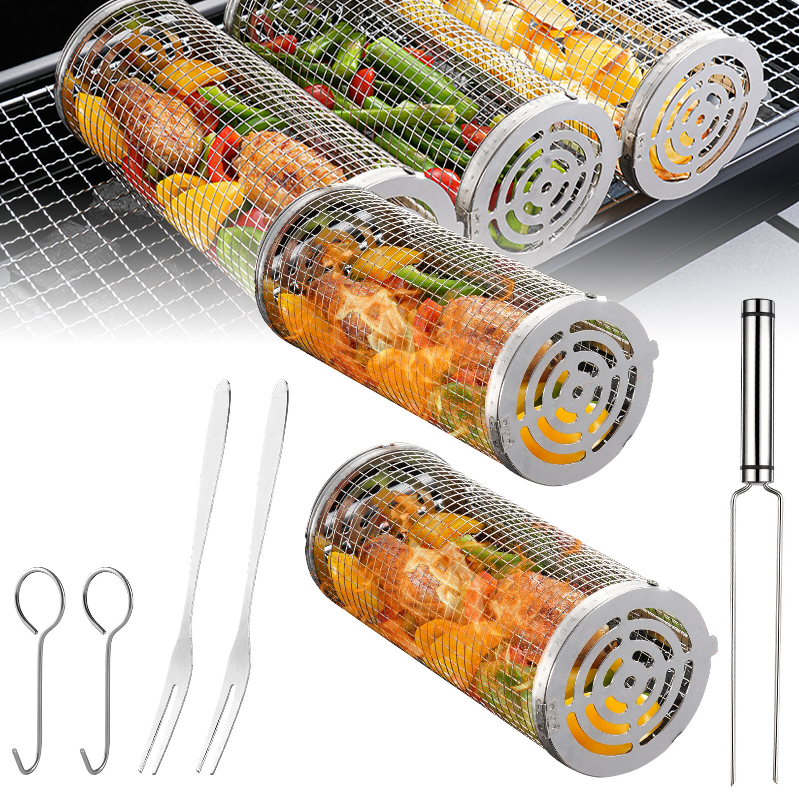 Rolling Grilling Baskets Набор из 8 Стайлисс Сталее Барбекю Аксессуары Портативный Цилиндр BBQ Сетка Труба с Крючком BBQ Вотч Для Овощей Картофеля Рыбы Креветок Silver