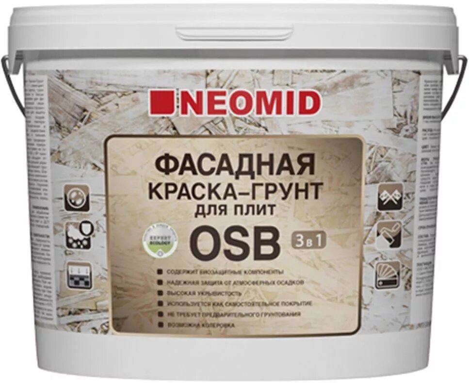Фасадная краска NEOMID "3в1", белая, для OSB плит, SIP панелей, пенополистирола