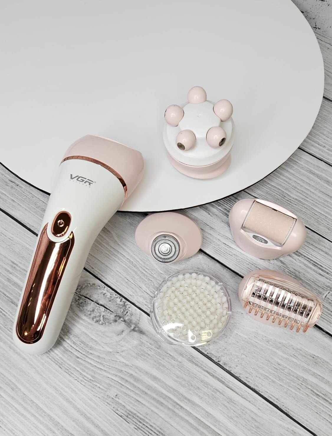 Беспроводной женский эпилятор 6 в 1 v-733, электробритва, пилка для пяток, массажер для тела, щетка для пилинга / Набор для ухода за лицом и телом аккумуляторный