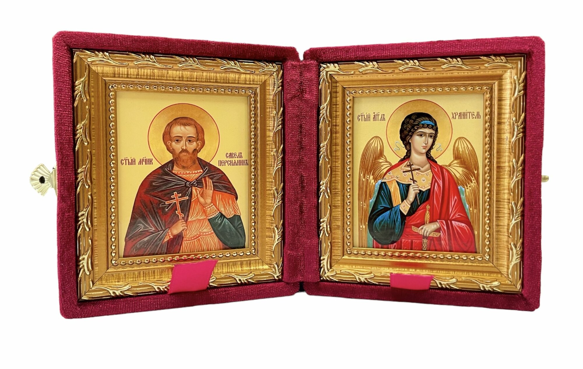 Икона складень Савел Персиянин, Халкидонский, Мученик и Ангел Хранитель в бархатном футляре, 10х11 см