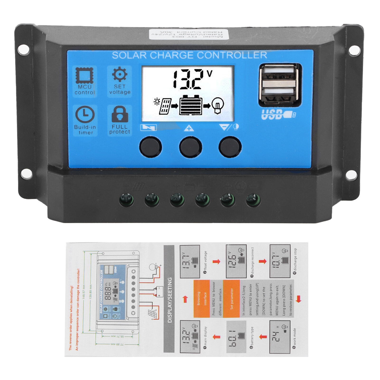 30A LCD контроллер солнечной зарядки 12 В 24 В автоматическая идентификация полностью 4-ступенчатая ШИМ-регулировка