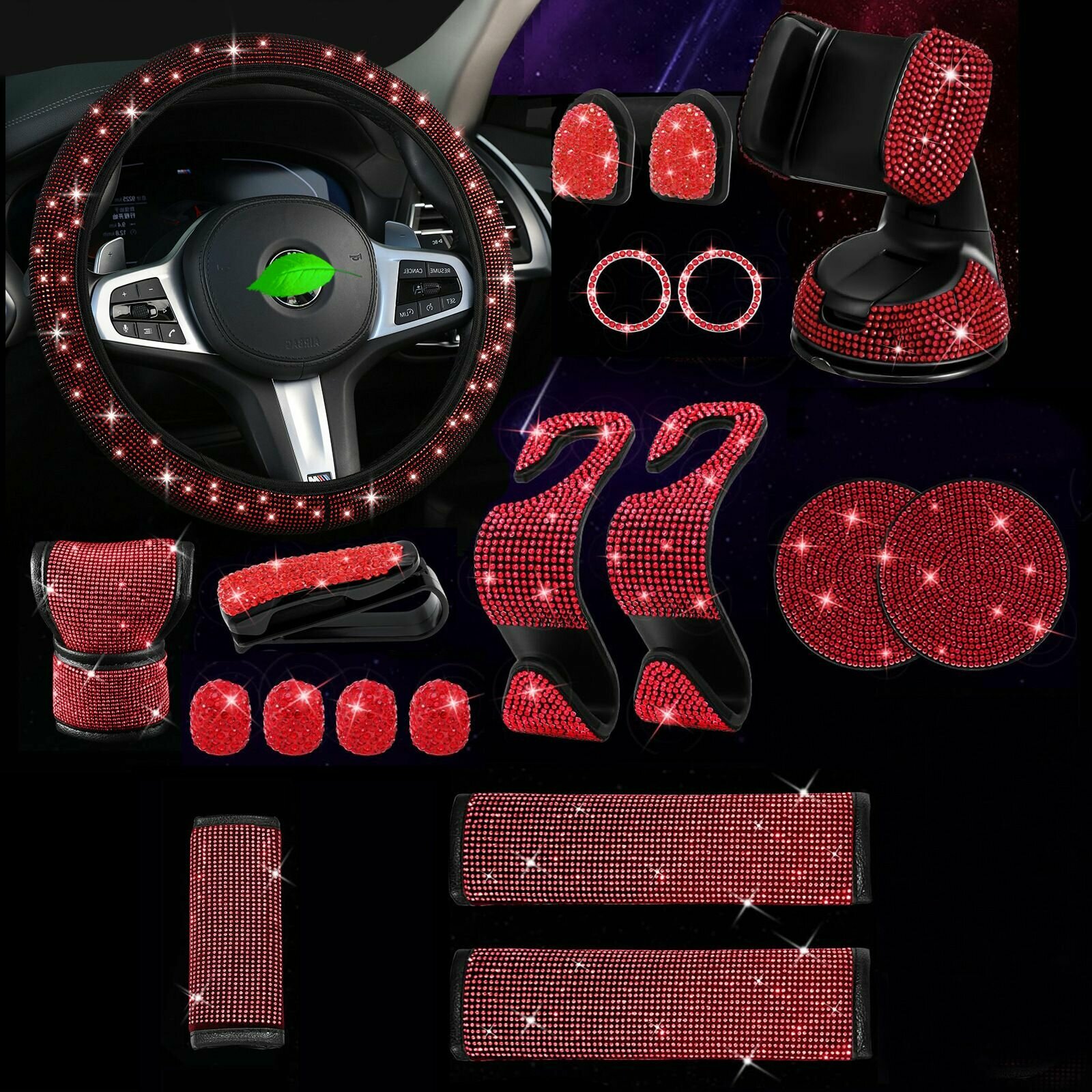 Оплетка на руль 38 см, чехол на руль автомобиля, Универсальный автомобильный набор со стразами,19 шт.