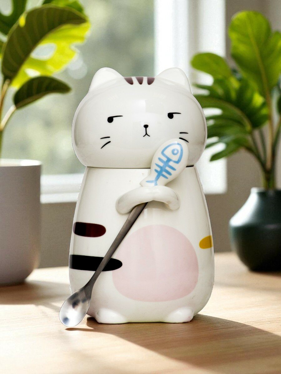 Кружка для чая "Кот с ложкой" розовый 360 мл (N 1), кружка с крышкой, керамическая, женская, подарочная