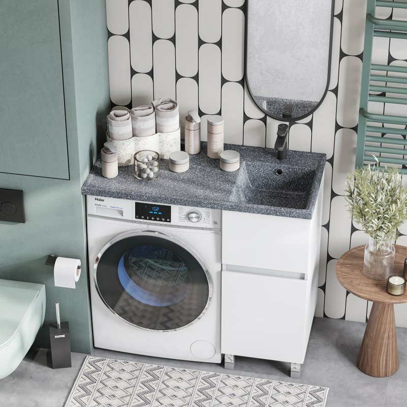 Тумба с раковиной AQUATON Лайн 100 R под стиральную машину, напольная, глянцевая белая, раковина Лайн 100 графит