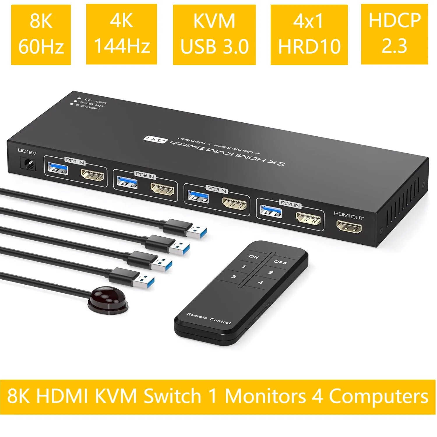 AIMOS KVM переключатель HDMI 8K 1 монитор 4 ПК SW241-8K, EU Power Adapter