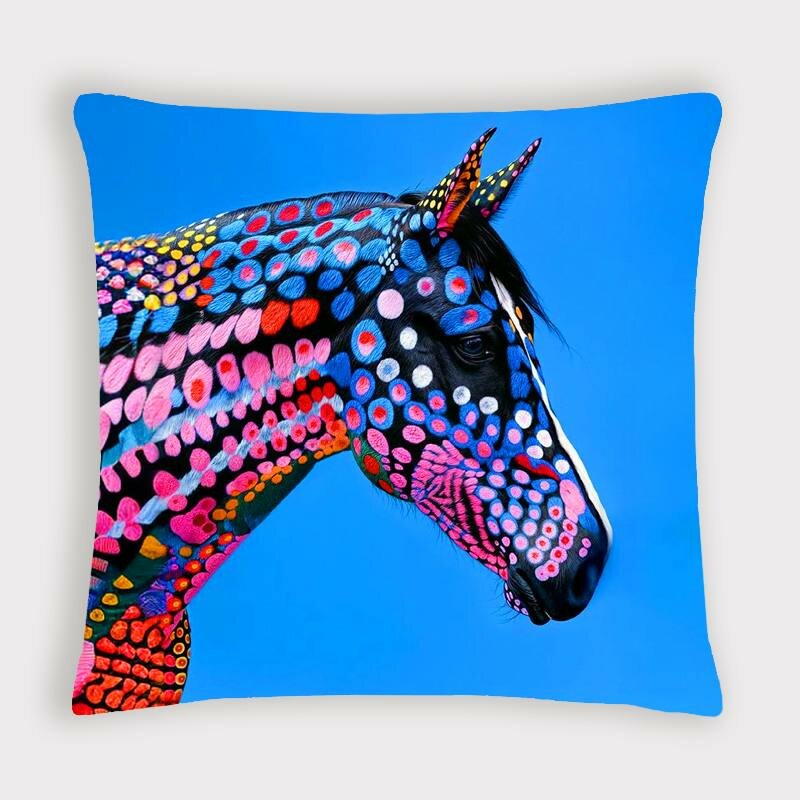 Чехол для подушки Черный конь в горошек на голубом 40х40 велюр