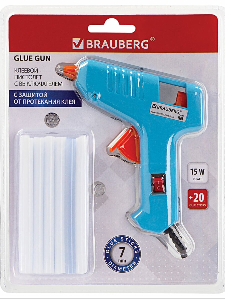 Клеевой пистолет BRAUBERG 15Вт, 7мм+комплект 20 стержней