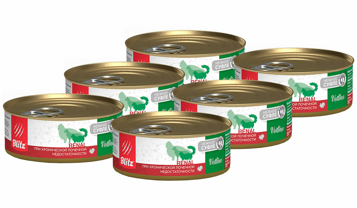 Влажный корм Blitz Vetline Renal для кошек при хронической почечной недостаточности банка, 100 гр х 6 шт