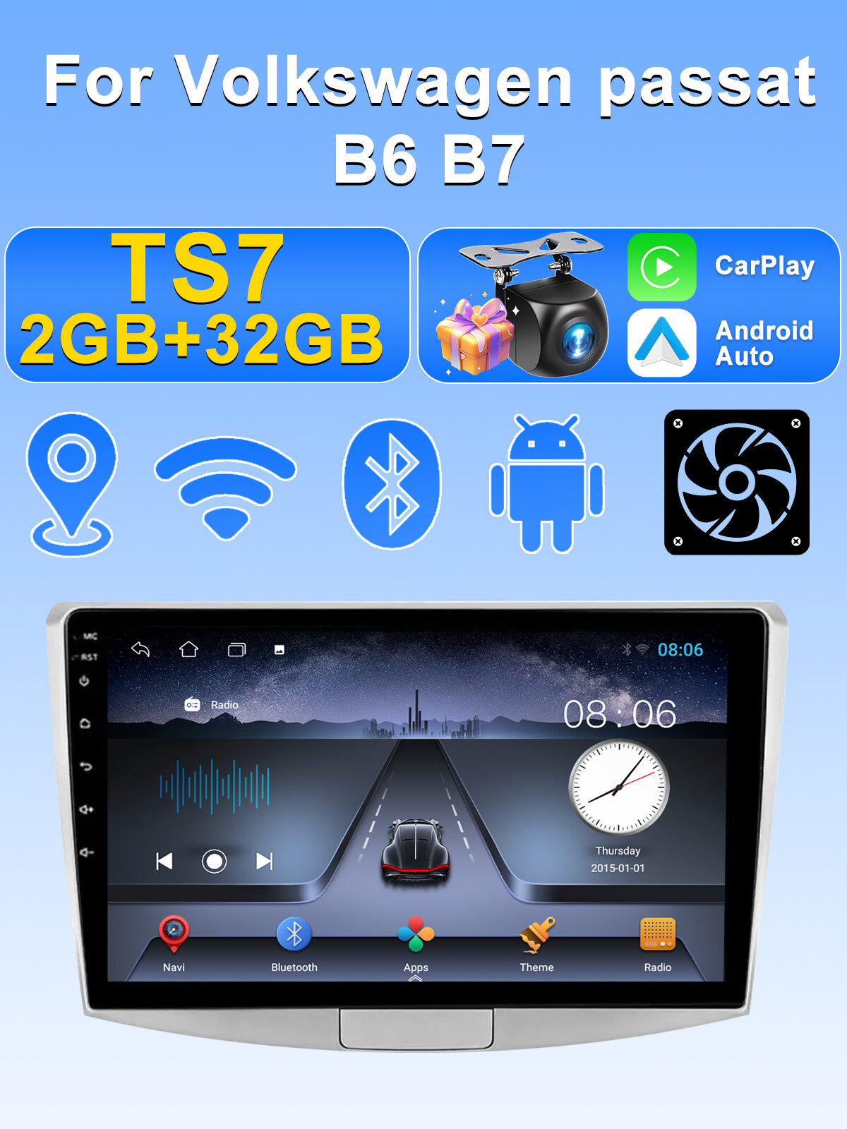 Магнитола для Volkswagen passat B6 B7 2010-2015 , Автомагнитола для Фольксваген Пассат ,2din android 2+32G Мультимедиа Bluetooth FM WIFI Автомобильный