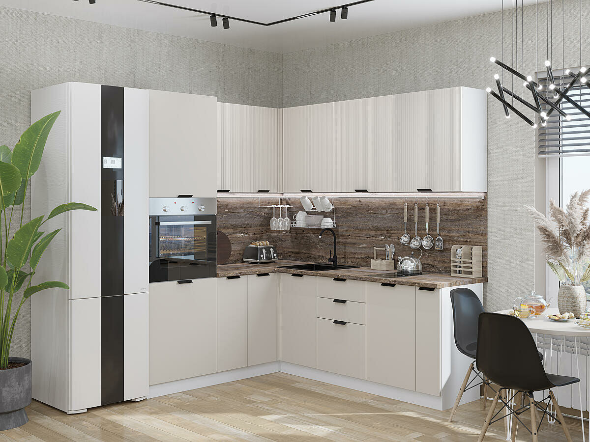 Кухня Евро Лайн-04, цвет фасада Агат, цвет каркаса Белый, 2140*1800/2150*600 мм