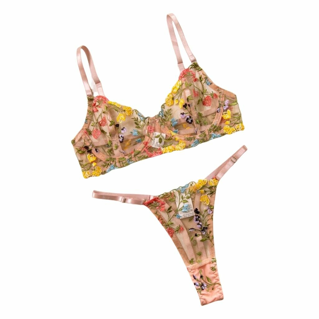 Маленький однослойный бюстгальтер в цветочек со стальным кольцом, комплект нижнего белья-стринги-розовый-XL