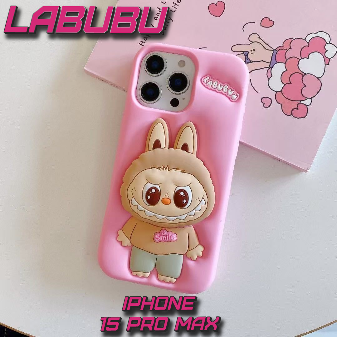 Силиконовый чехол Labubu для iPhone 15 Pro Max защитный, (Popsocket), розовый