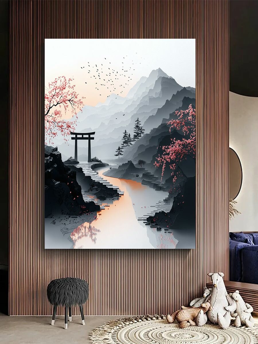 Картина на стену для интерьера - "Пейзаж в японском стиле / гора Фудзи и сакура" , 20х30 см.