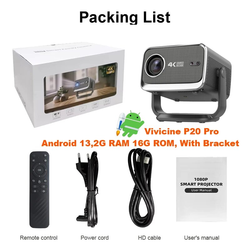 [RU Special] Vivicine P20 Pro Smart Android 13 1080p FUll HD Поддержка 4K Домашний кинотеатр Проектор для видеоигр, P20 Pro 2G 16G