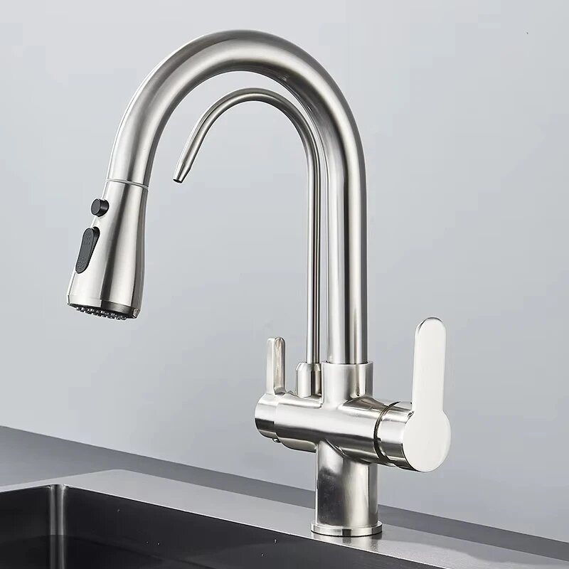 Кухонный кран выдвижной с фильтром поворотный тройной, Quyanre, Brushed Nickel
