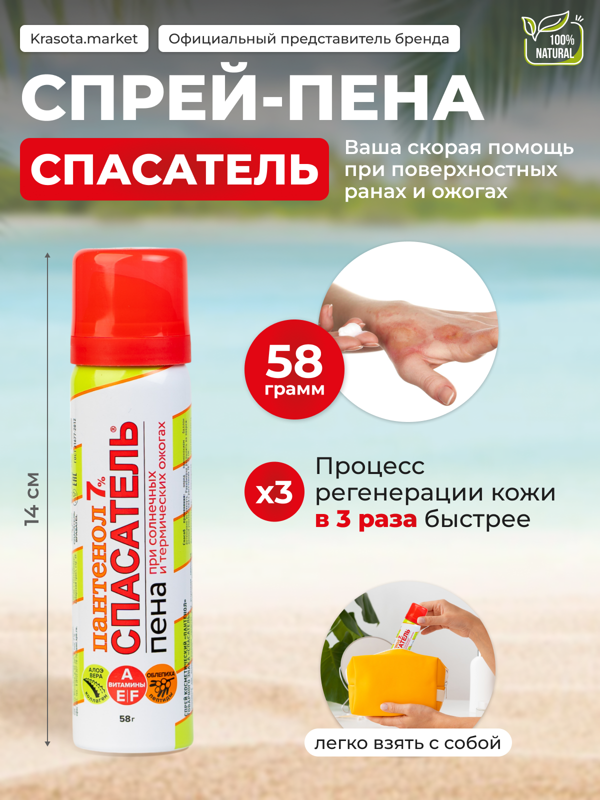 Пантенол 7% мини-формат, спрей-пена спасатель от ожогов 58 г