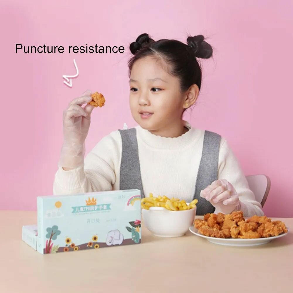 Детские хозяйственные перчатки для кухни и уборки, размер S, прозрачные, 100 шт, нескользящие, безопасные, гигиеничные, TPE материал